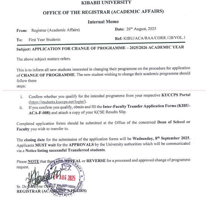 Application for Change of Programme-2025/2026 Academic Year - Kibabii ...